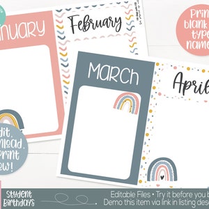 Boho Rainbow Theme Classroom Birthday Board Printable, Teacher Supply ...