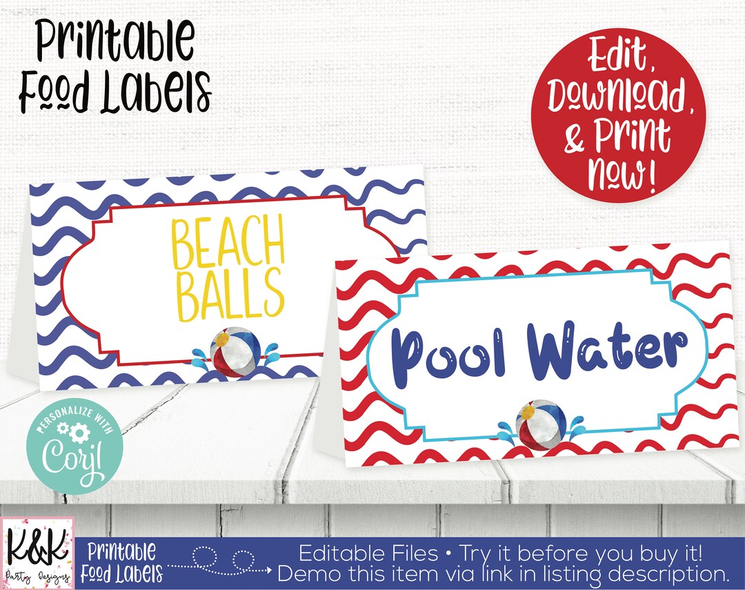 Pool Party Food Labels, Beach Ball Food Labels, Pool Party Place Cards ...