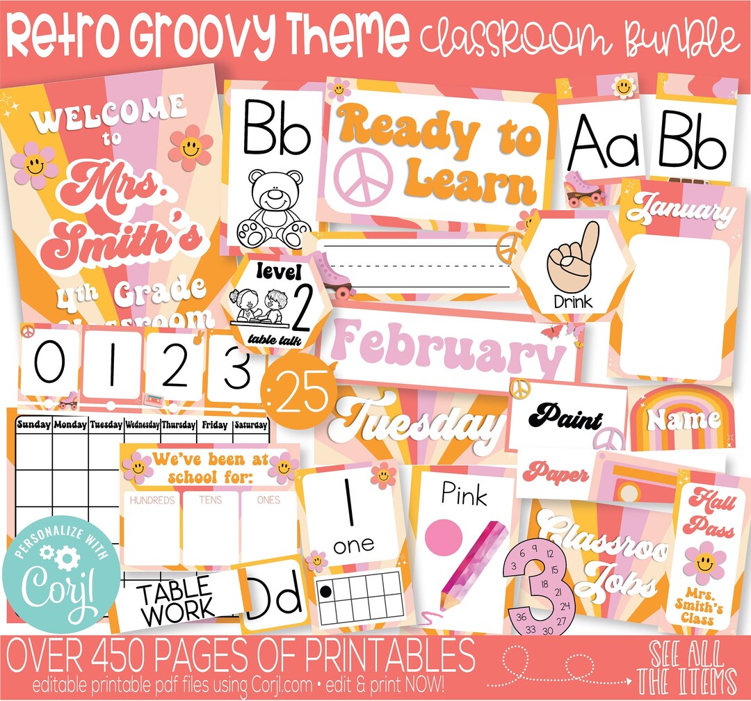 Retro Groovy Classroom Theme Supplies and Decorations Printable, Retro ...