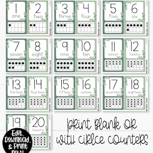 Calm Botanical Farmhouse Theme Classroom 1-20 Number Cards Printable ...