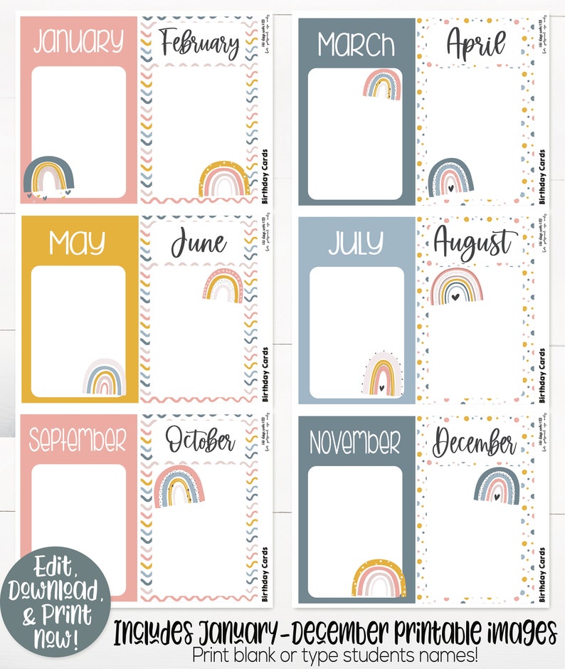 Boho Rainbow Theme Classroom Birthday Board Printable Teacher - Etsy