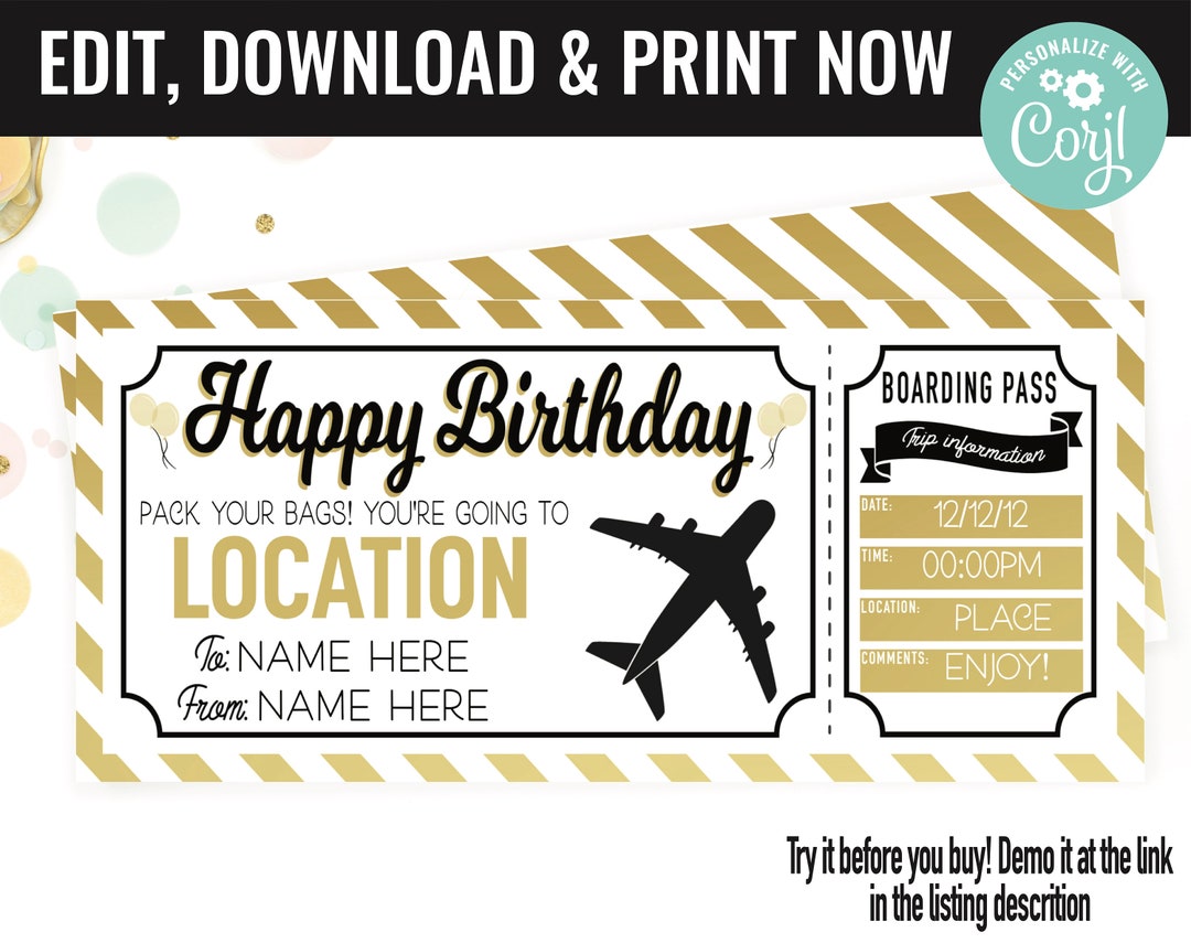 Birthday Boarding Pass Surprise Gift Voucher, Surprise Flight Trip ...