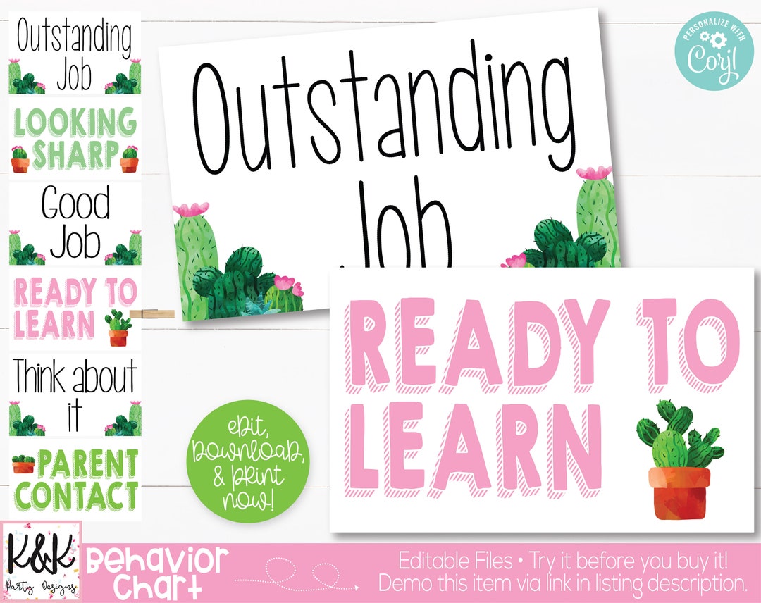 Cactus Succulent Theme Classroom Editable Behavior Clip Chart Printable ...