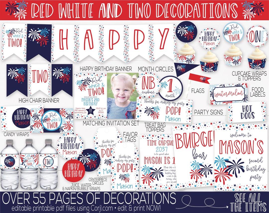 Red White and Two Birthday Party Decorations & Invitation, 4th of July ...