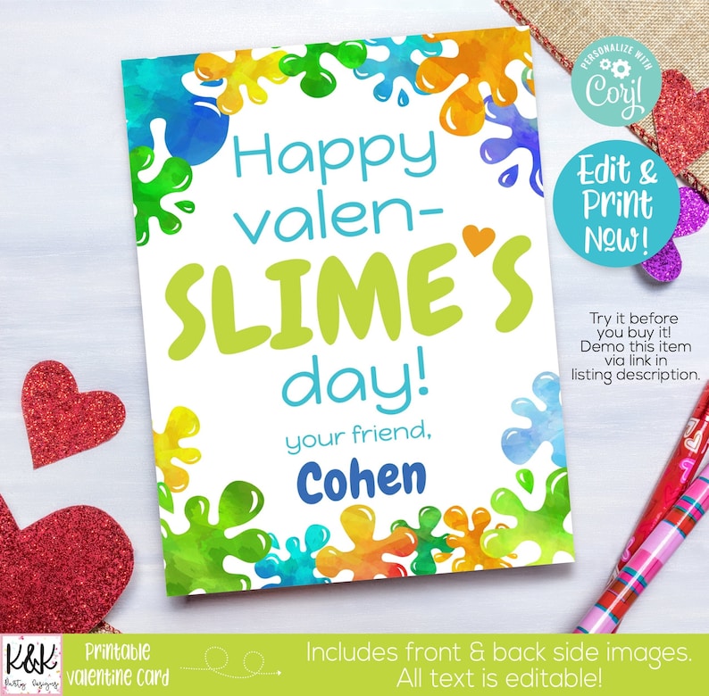 Slime Printable Valentine Tag Card Kids Valentines Day Card | Etsy