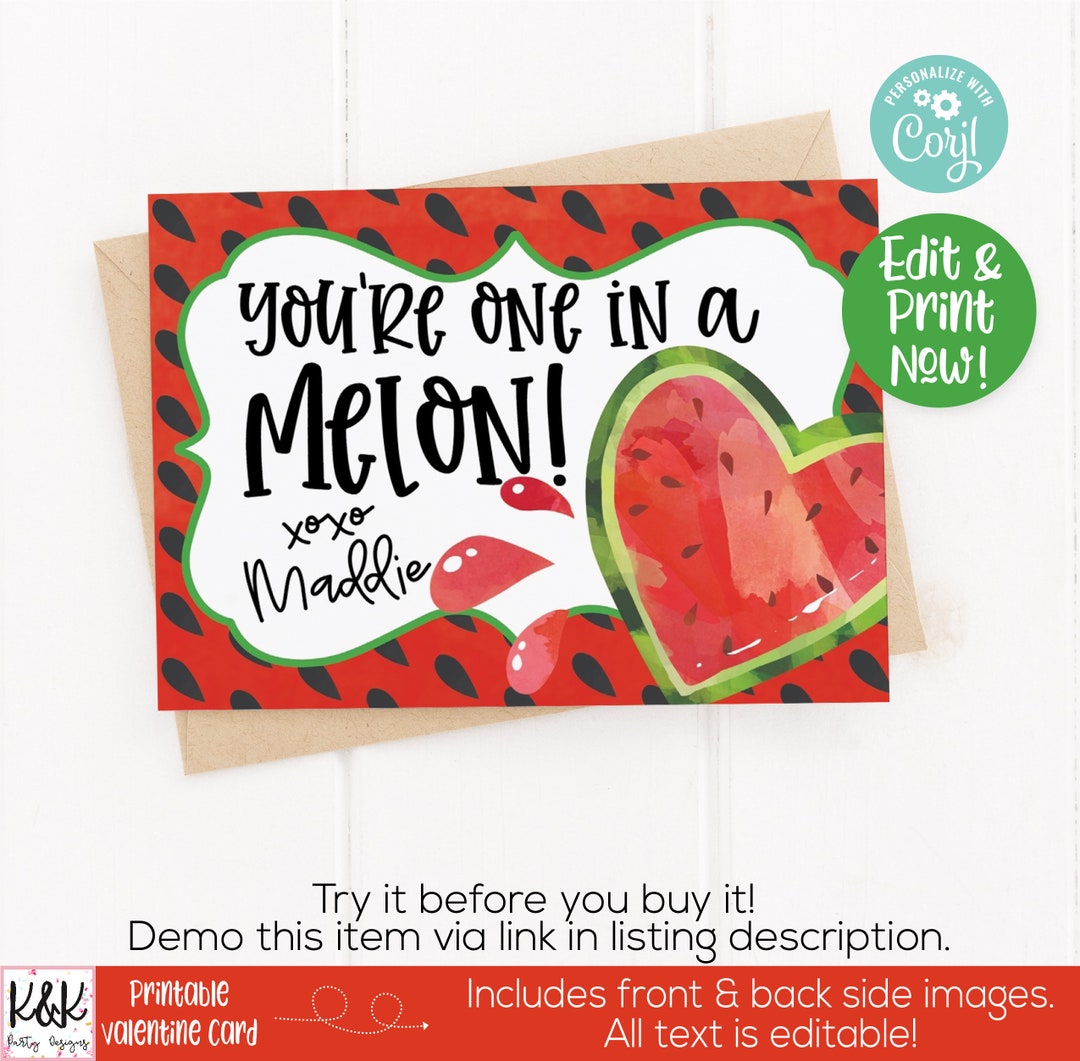 Watermelon Printable Valentine Card, Kids Valentines Day Card, School ...