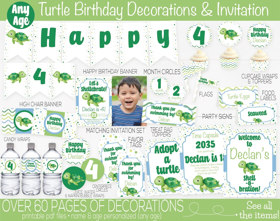 Turtle Birthday Party Decorations, Turtle Birthday Party Invitation ...