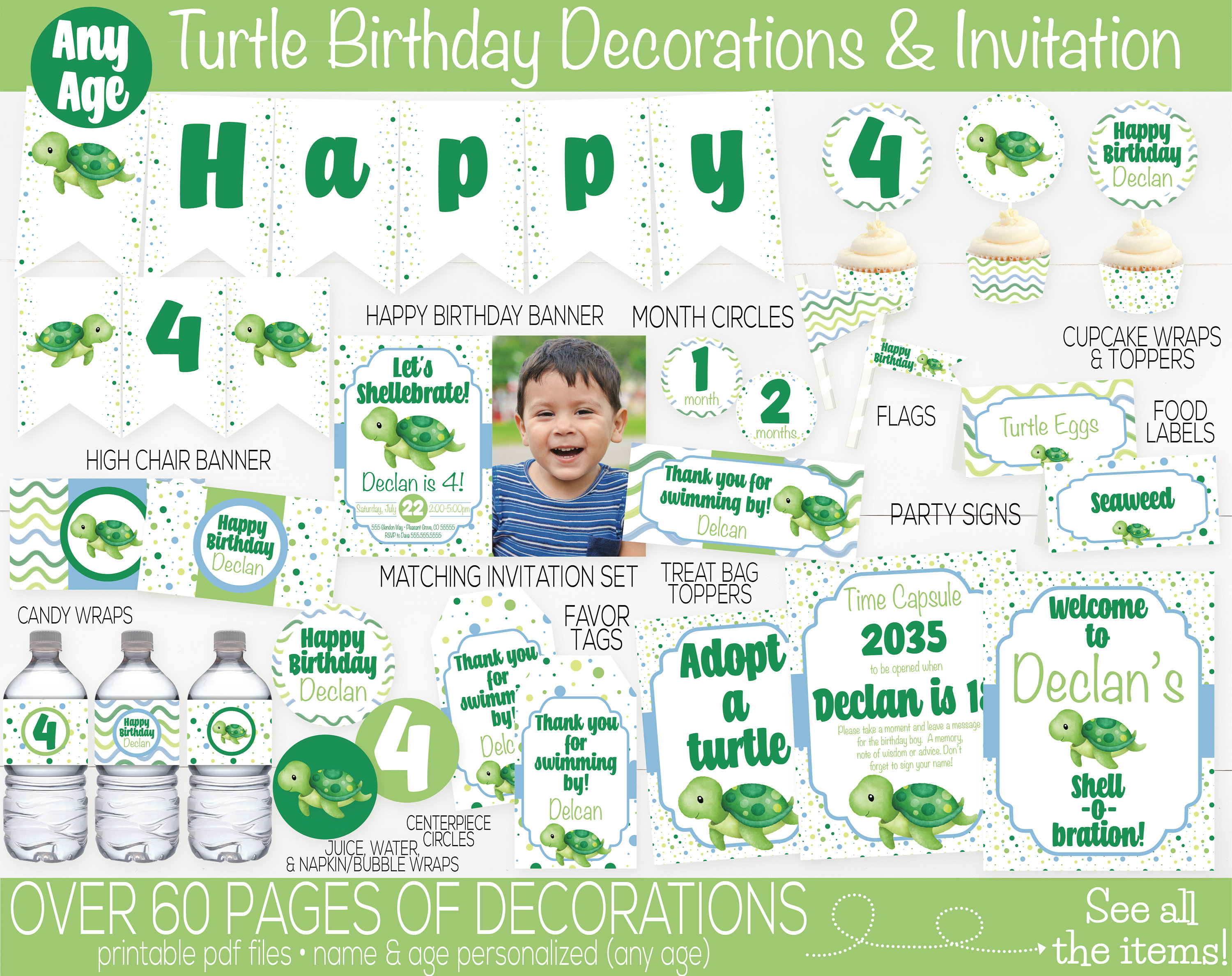 Turtle Birthday Party Decorations, Turtle Birthday Party Invitation ...