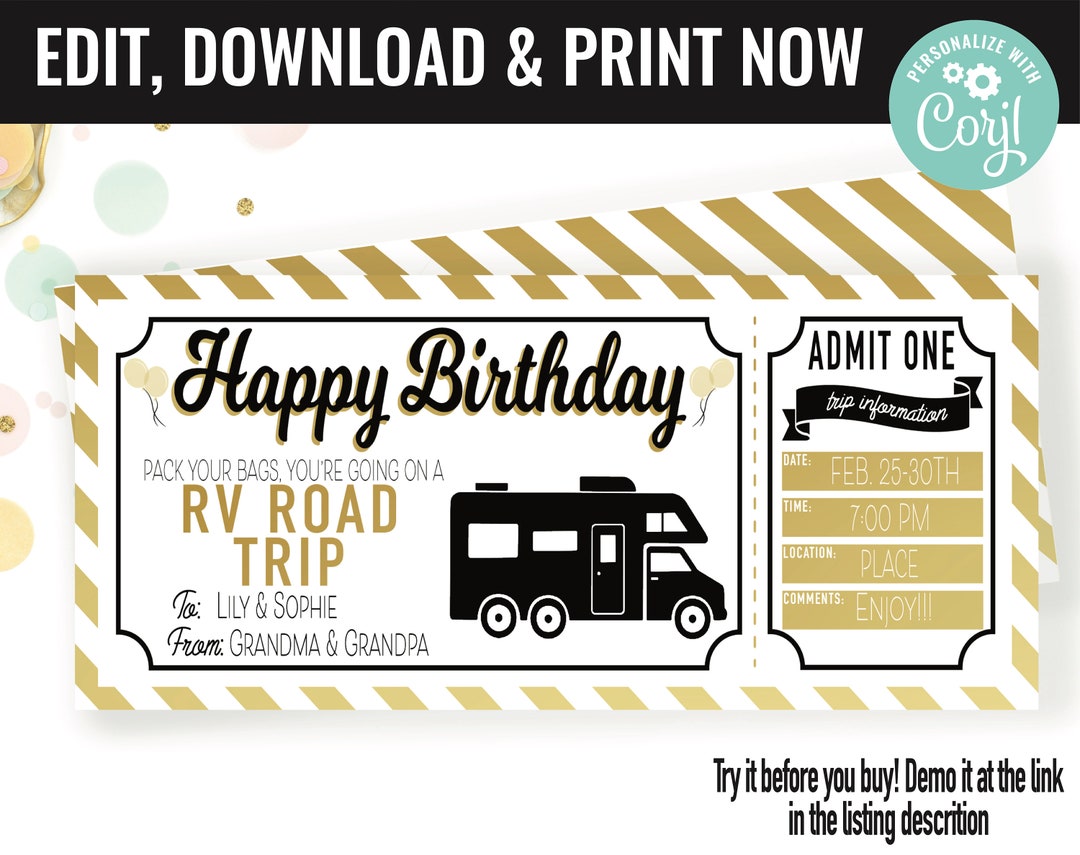 Birthday Surprise RV Road Trip Gift Voucher, Camping RV Road Trip ...