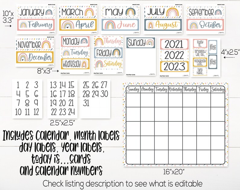 Boho Rainbow Theme Classroom Calendar Set Printable Teacher | Etsy