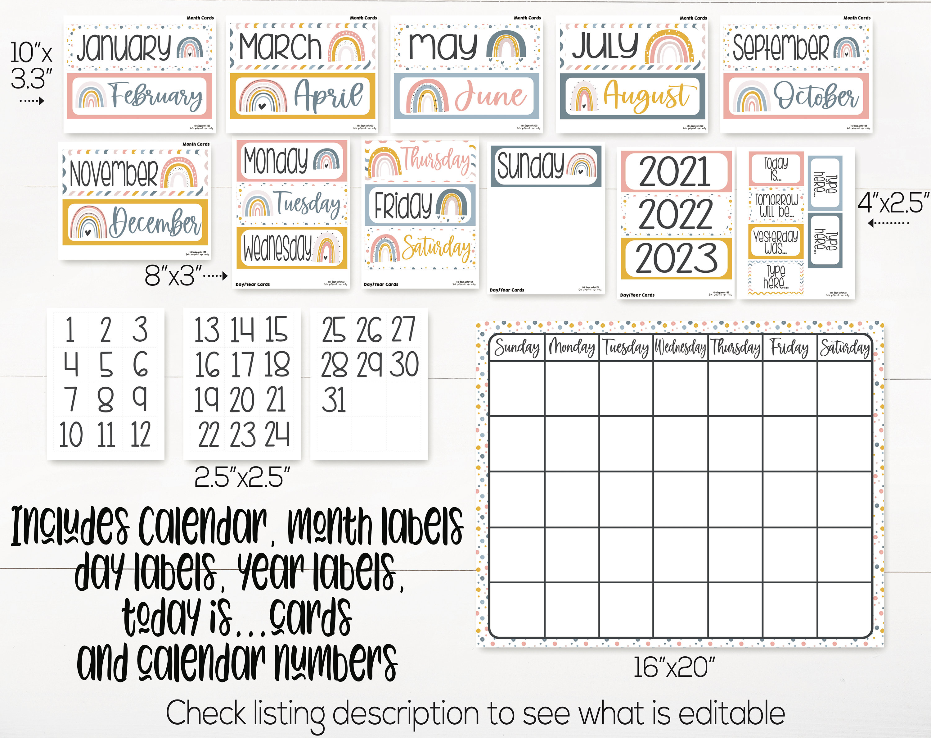 Boho Rainbow Theme Classroom Calendar Set Printable, Teacher Supply ...