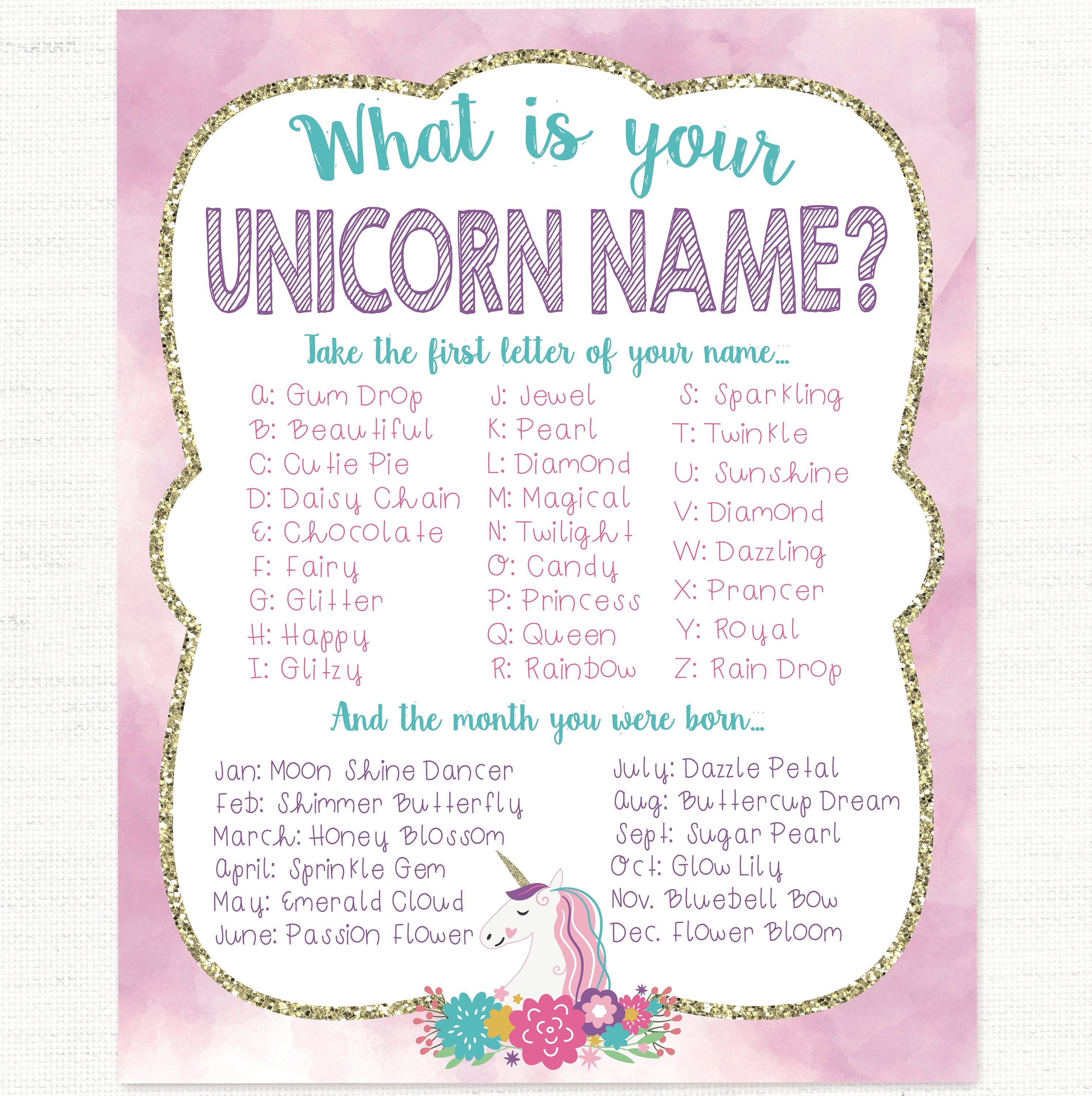 Unicorn Name Game Printable Sign Whats Your Unicorn Name Etsy