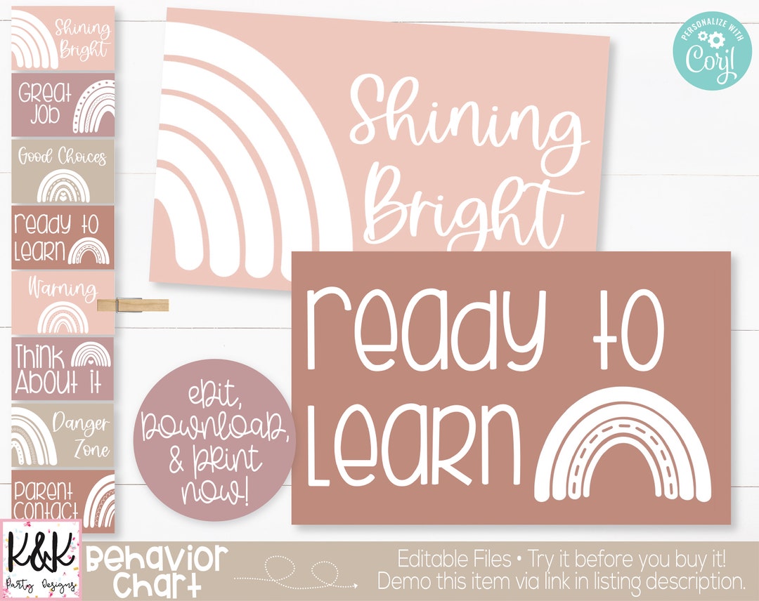 Calm Neutral Boho Rainbow Theme Classroom Editable Behavior Clip Chart ...