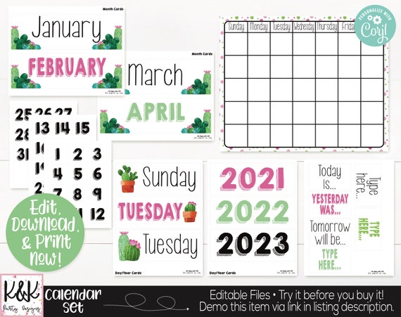 Cactus Classroom Calendar Set Printable, Cactus Theme, Teacher Supply ...