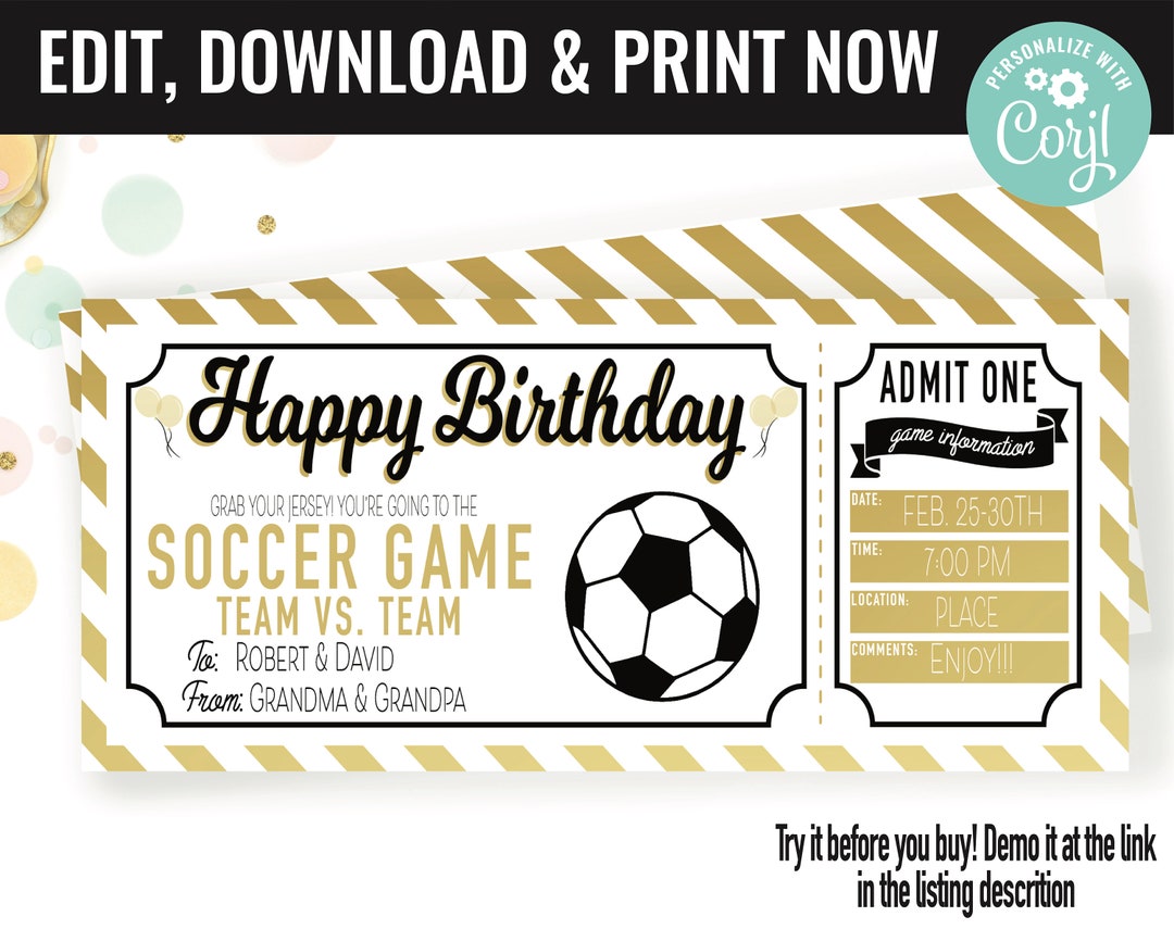 Birthday Surprise Soccer Game Ticket Gift Voucher, Soccer Game ...