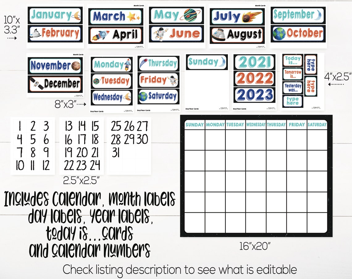 Outer Space Classroom Calendar Set Printable Space Theme - Etsy