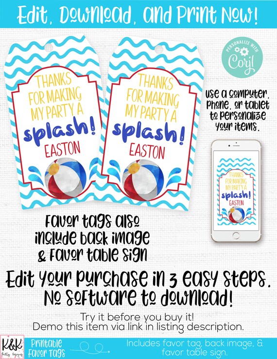Pool Party Favor Tags, Pool Party Favors, Pool Party Thank You ...