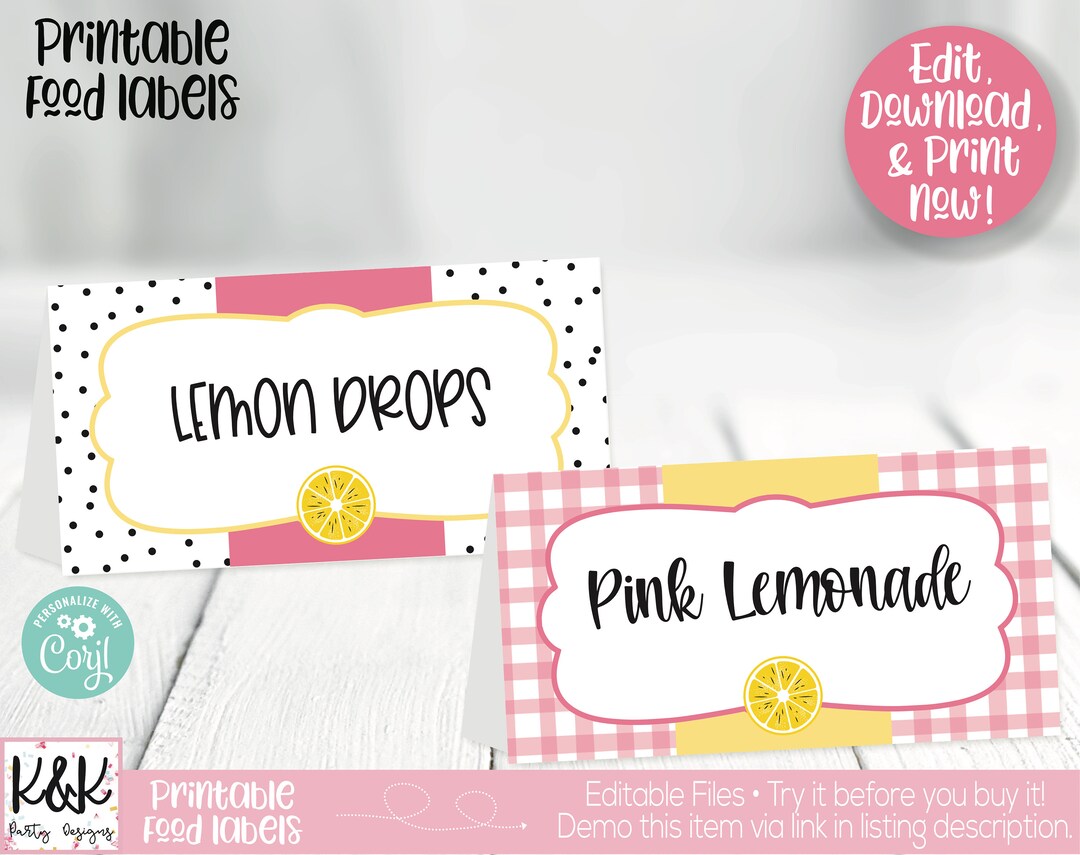 Pink Lemonade Party Food Labels, Lemonade Place Cards, Lemonade Buffet ...