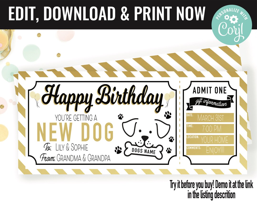 Birthday Surprise New Puppy Dog Gift Voucher, New Puppy Dog Gift ...
