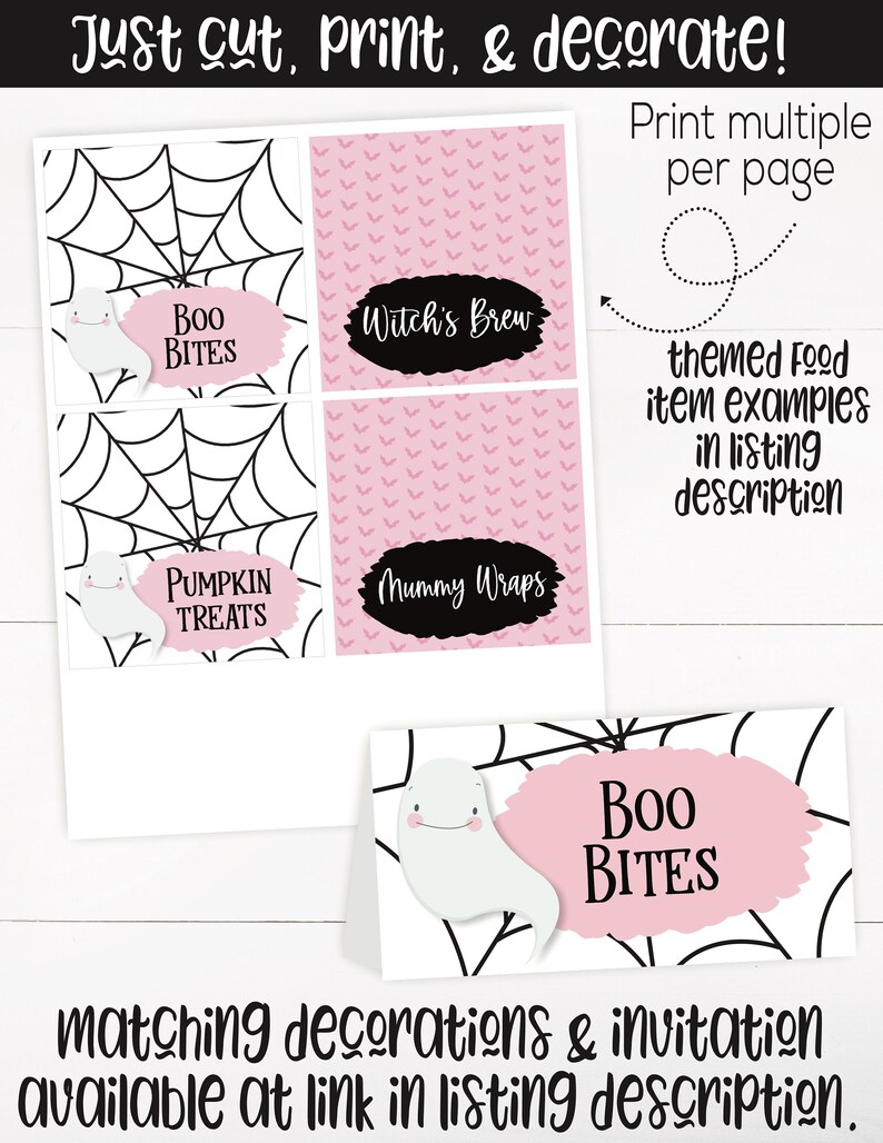 Boo Day Pink Ghost Food Labels, Ghost Buffet Cards, Ghost Place Cards ...