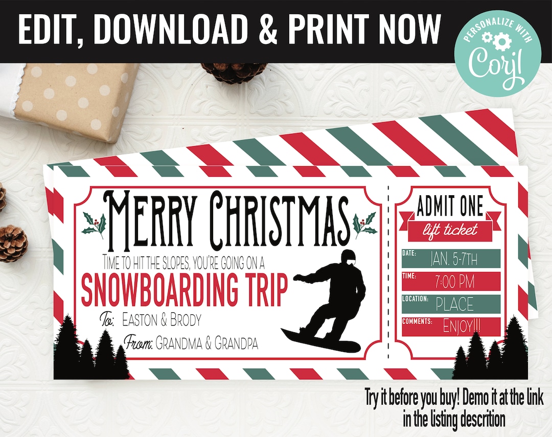 Christmas Snowboarding Trip Ticket Surprise Gift Certificate Voucher ...