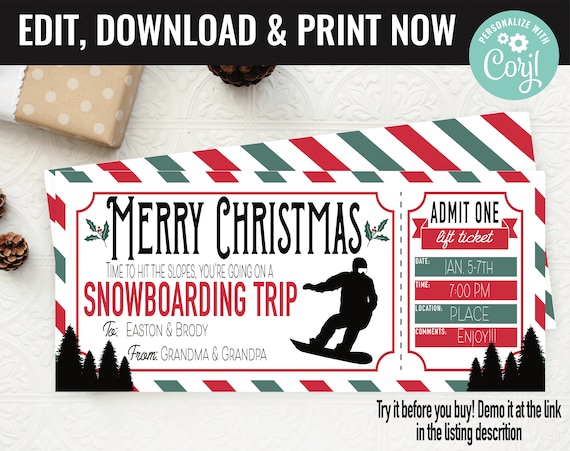 Christmas Snowboarding Trip Ticket Surprise Gift Certificate Voucher ...