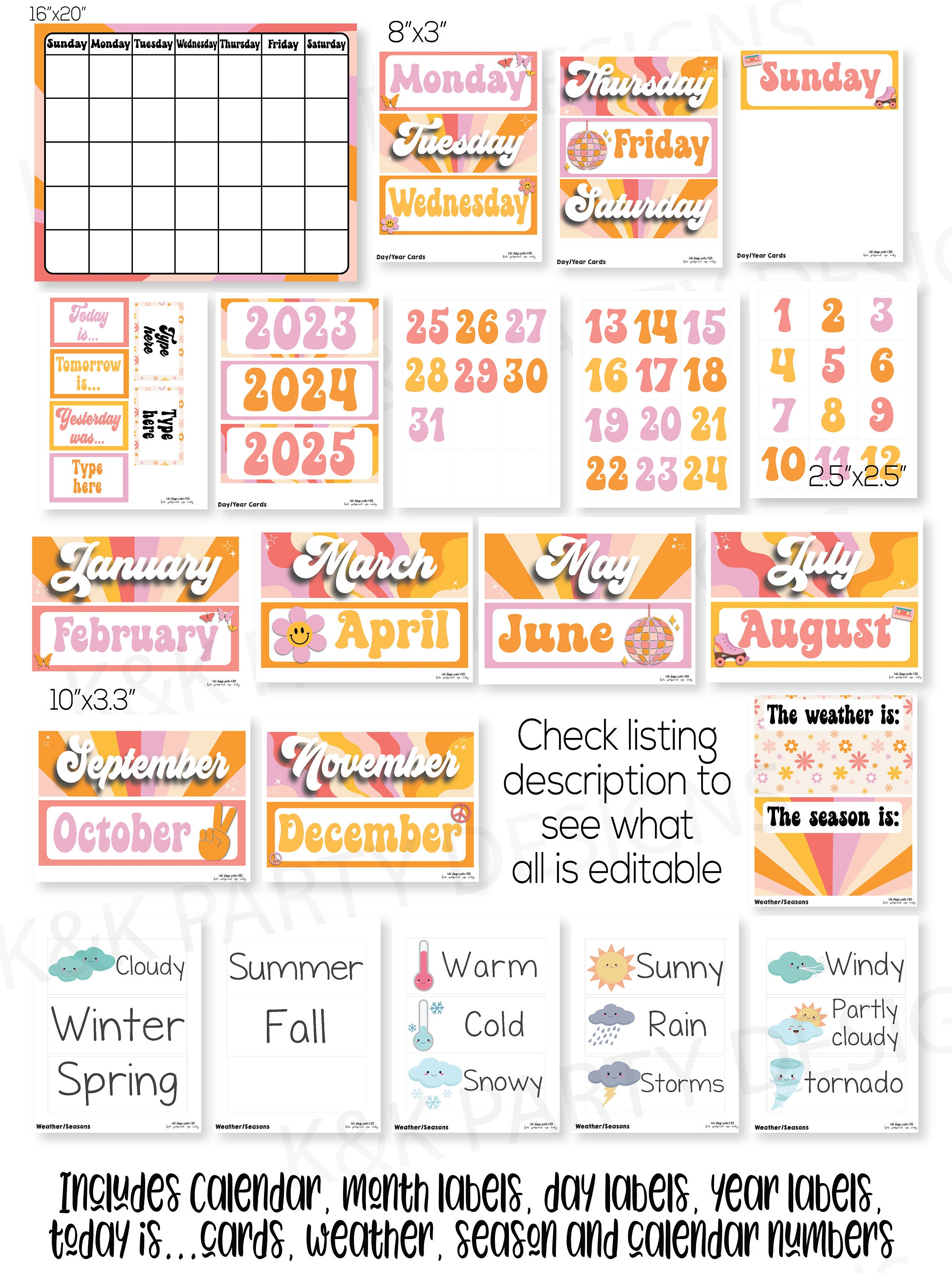 Retro Groovy Classroom Calendar Set Printable, Retro Theme, Teacher ...