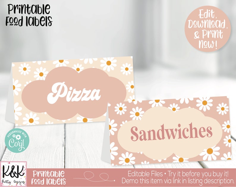 Retro Daisy Food Labels, Daisy Place Cards, Daisy Buffet Cards, Daisy ...