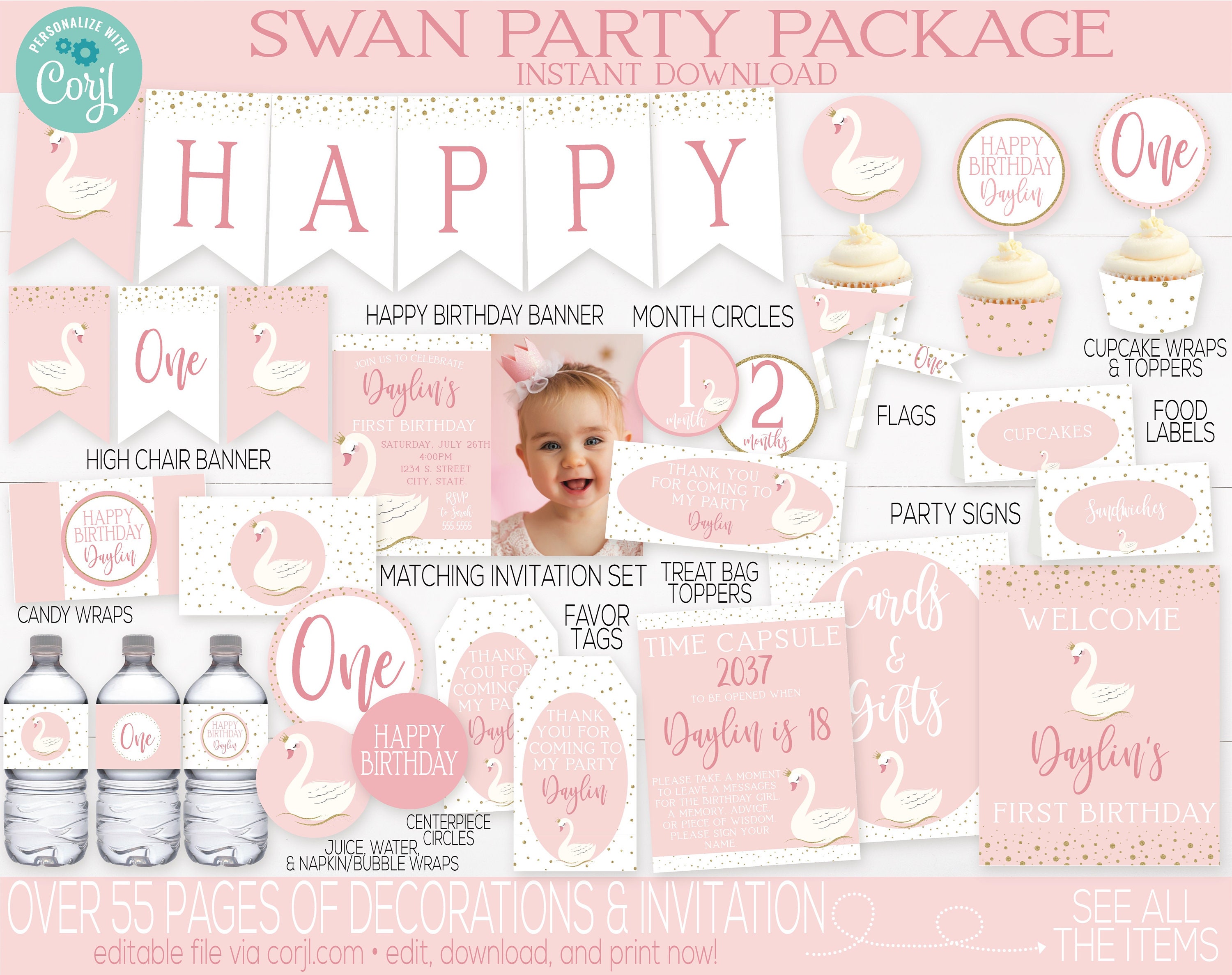 Swan Banner Princess Birthday Swan Birthday Decorations Pink and Gold ...