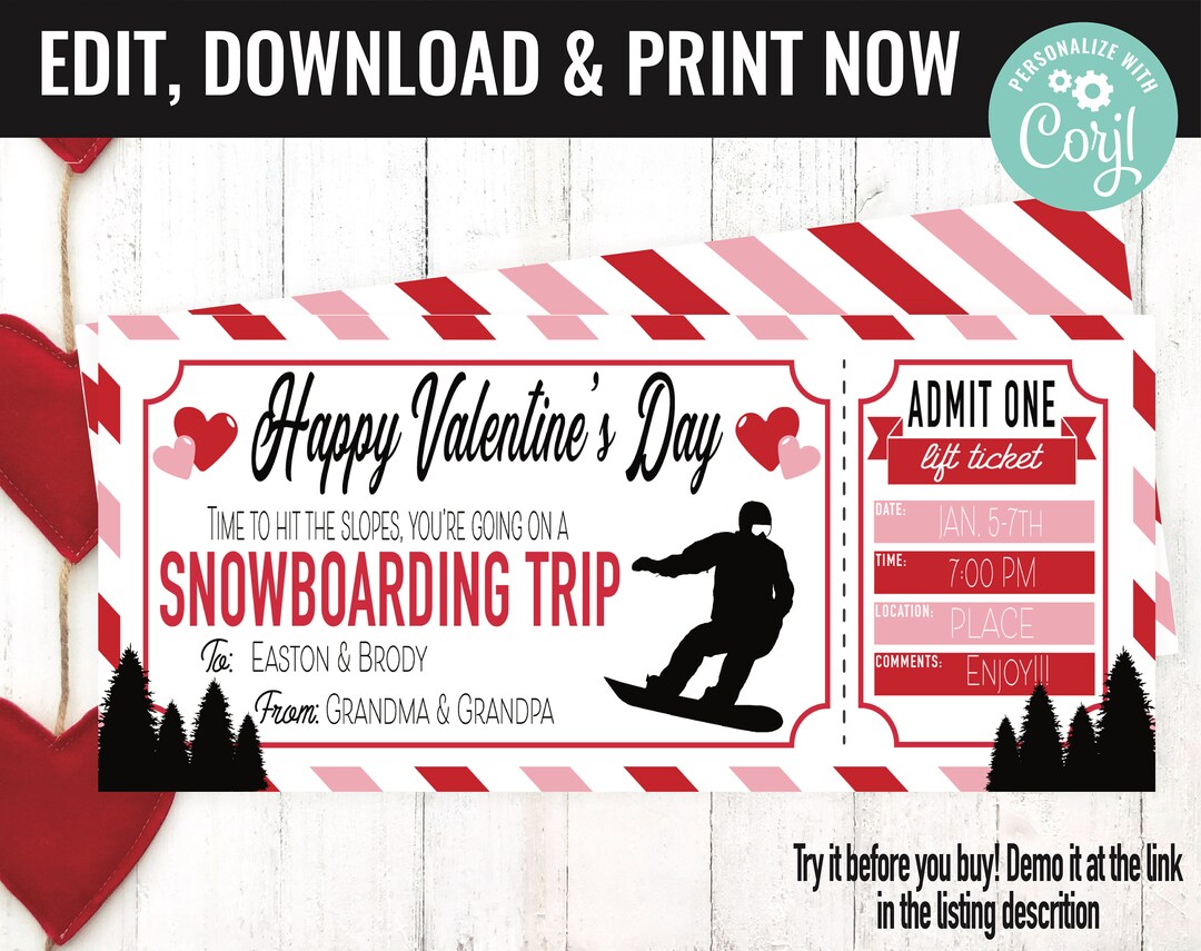 Valentine Snowboarding Trip Ticket Surprise Gift Certificate Voucher ...