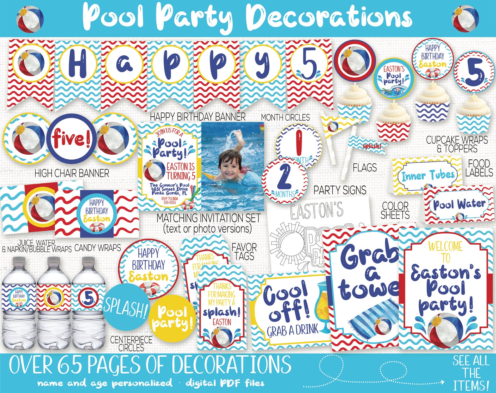 Pool Party Food Labels, Beach Ball Food Labels, Pool Party Place Cards ...