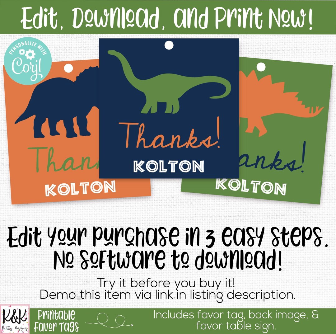 Dinosaur Birthday Party Favor Tags, Dinosaur Favors, Dinosaur Thank You ...