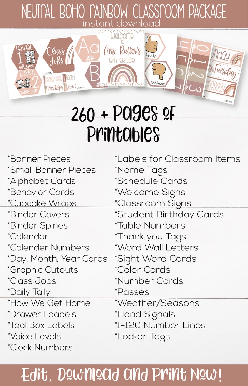 Neutral Boho Rainbow Classroom Theme Supplies and Decorations Printable ...
