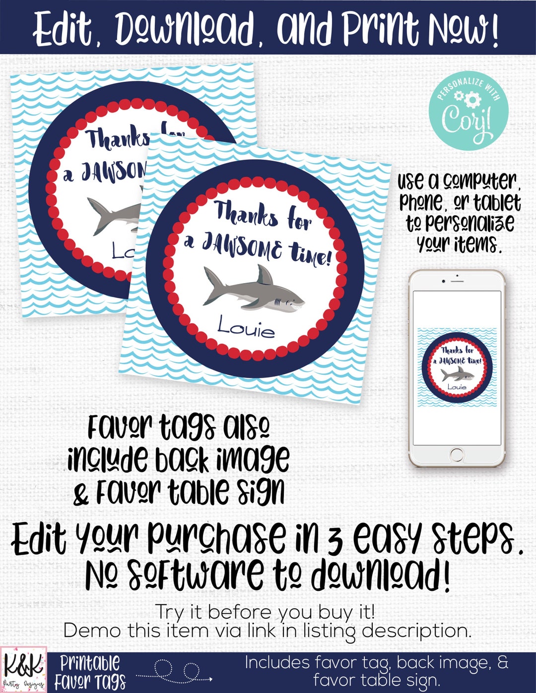 Shark Favor Tags, Shark Birthday Party Decorations, Shark Party Favor ...