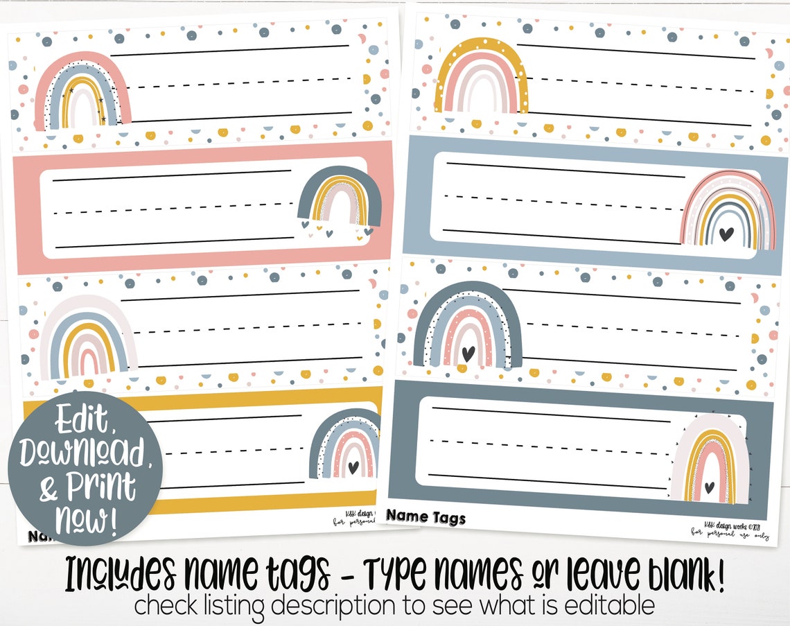 Boho Rainbow Theme Classroom Name Tags Printable Teacher - Etsy