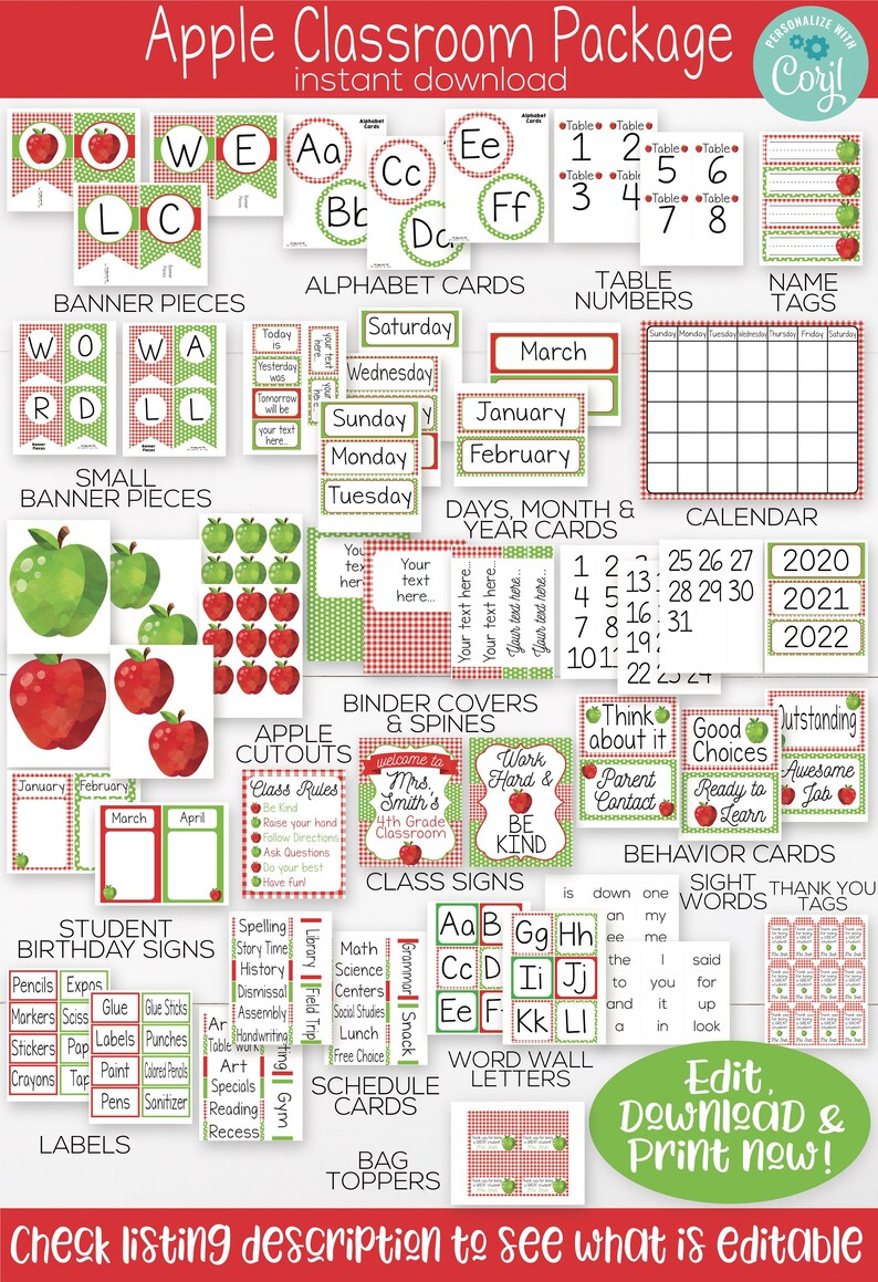 Apple Classroom Supplies and Decorations Apple Theme Teacher | Etsy