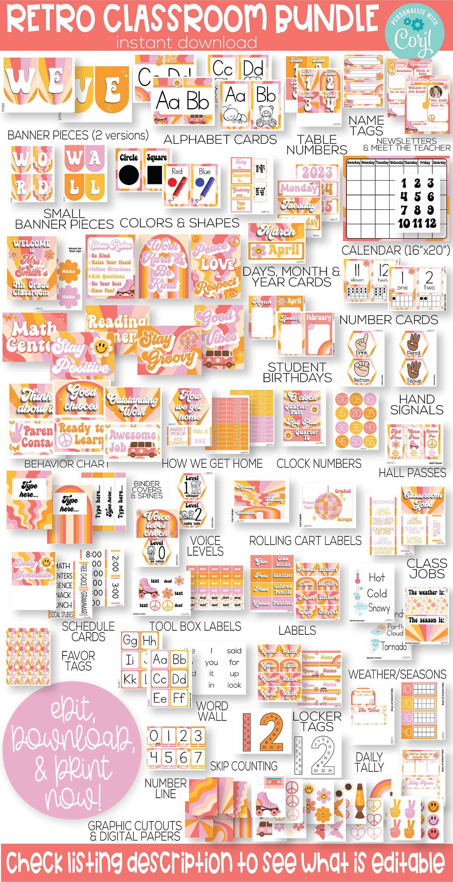 Retro Groovy Classroom Theme Supplies and Decorations Printable, Retro ...