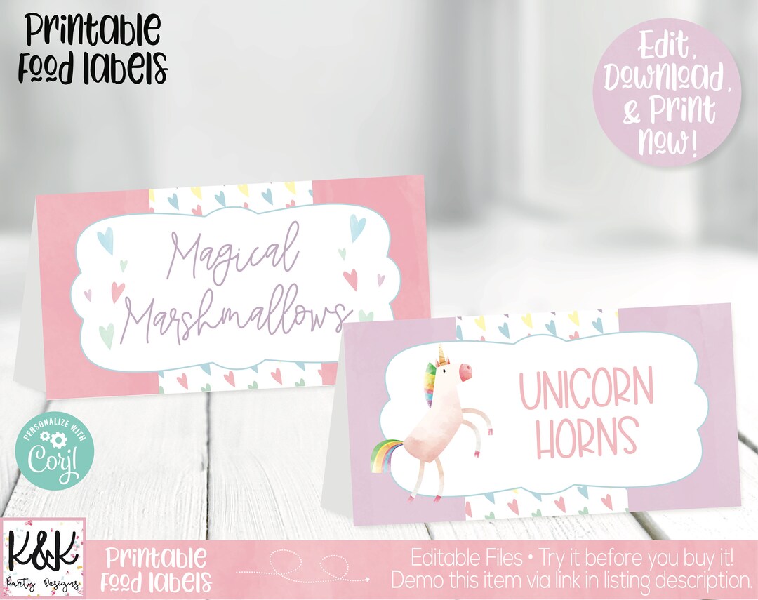 Unicorn Food Labels Unicorn Buffet Cards Unicorn Place - Etsy
