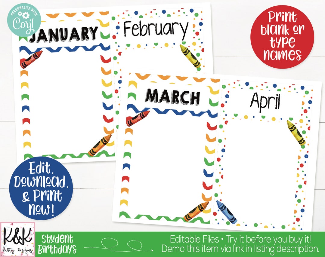 Crayon Theme Classroom Birthday Board Printable, Teacher Supply ...