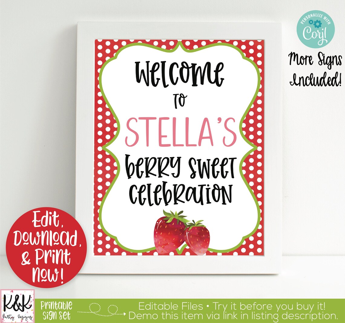 Strawberry Party Signs Strawberry Welcome Sign Strawberry | Etsy