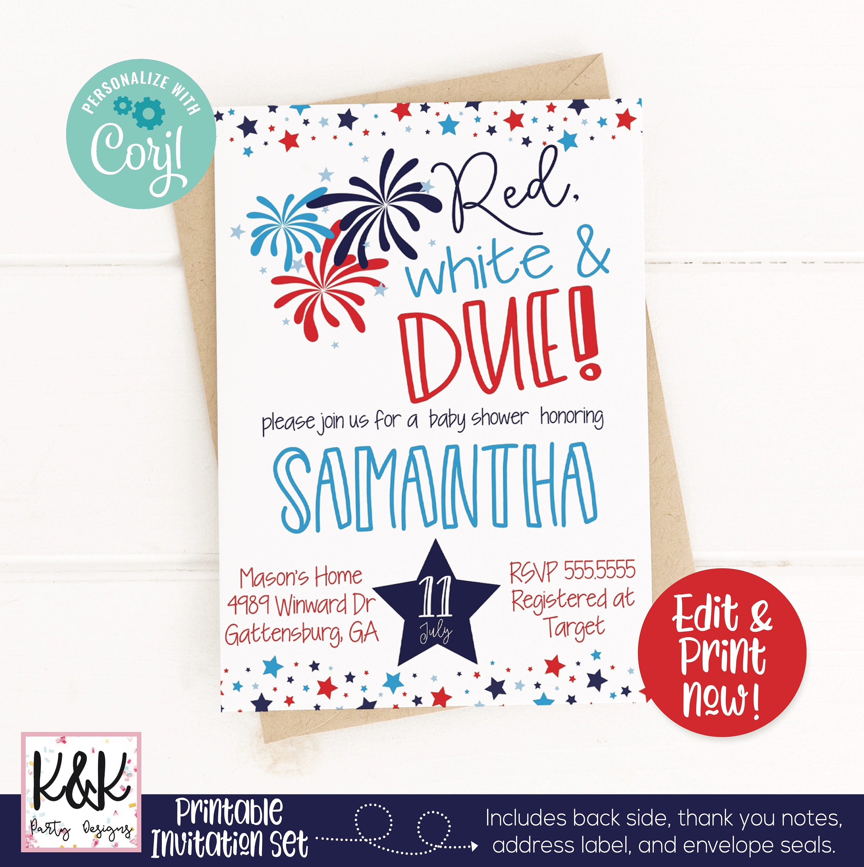 Red White and Due Baby Shower Decorations and Invitation, 4th of July ...