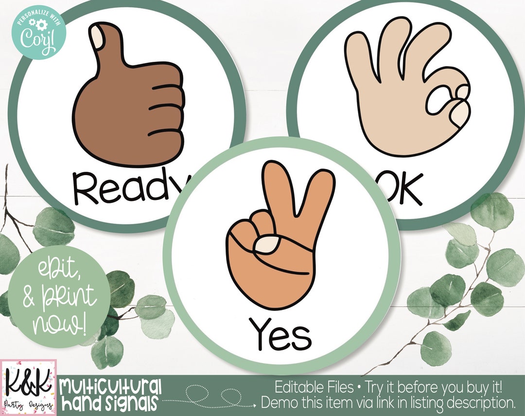 Calm Botanical Classroom Multicultural Hand Signals Printable ...