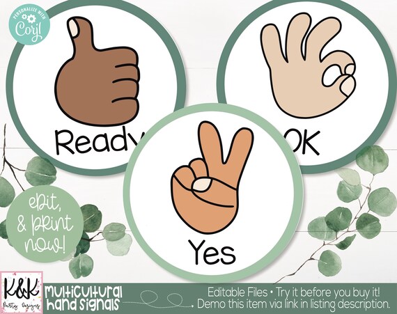 Calm Botanical Classroom Multicultural Hand Signals Printable ...