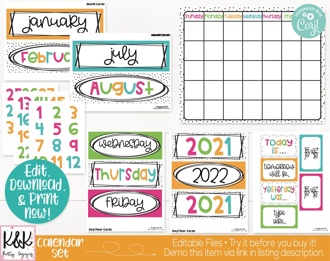 Bright Colors Rainbow Theme Classroom Calendar Set Printable, Teacher ...