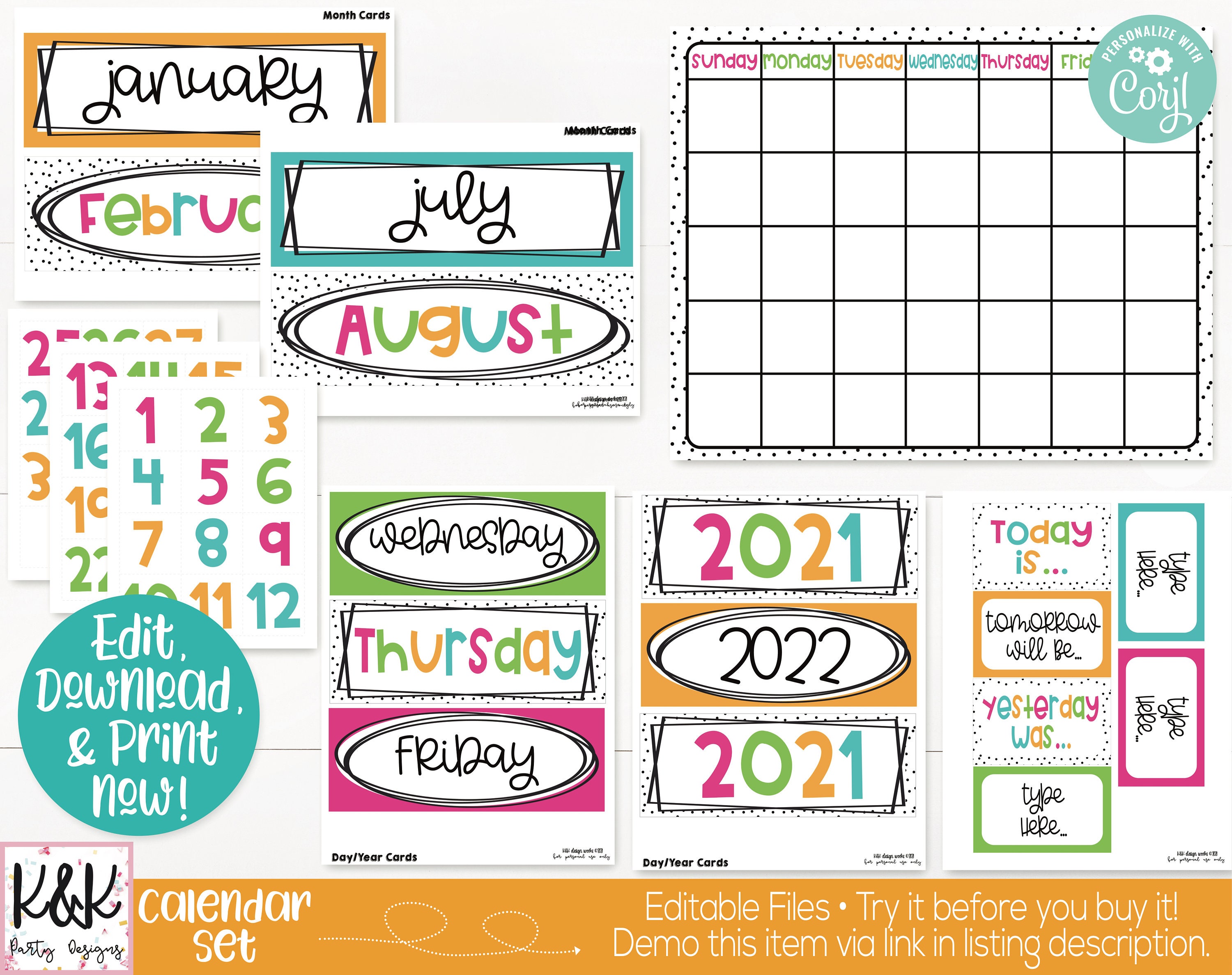 Bright Colors Rainbow Theme Classroom Calendar Set Printable, Teacher ...