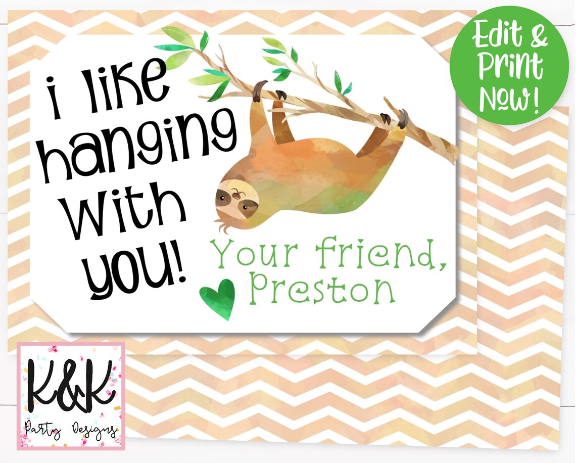 Sloth Printable Valentine Card Kids Valentines Day Card I - Etsy