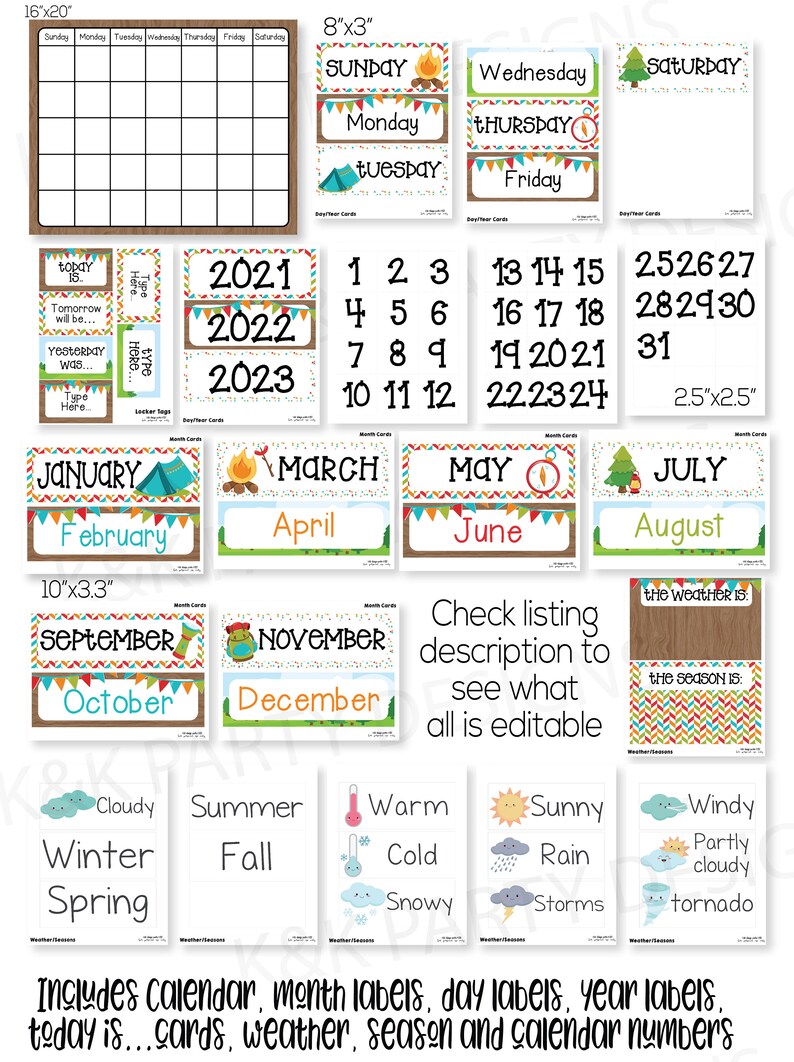 Camping Classroom Calendar Set Printable Camping Forest - Etsy Canada