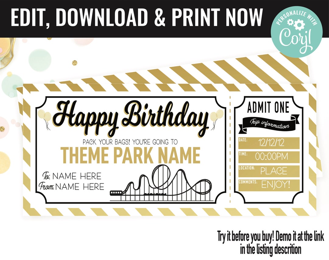 Birthday Surprise Theme Park Ticket Gift Voucher, Amusement Park ...