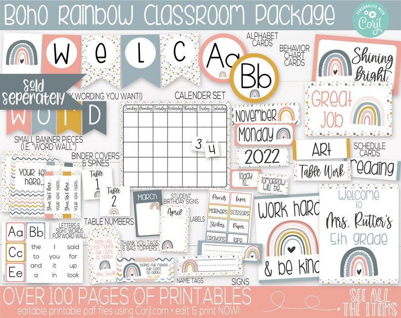 Boho Rainbow Theme Classroom Name Tags Printable Teacher - Etsy
