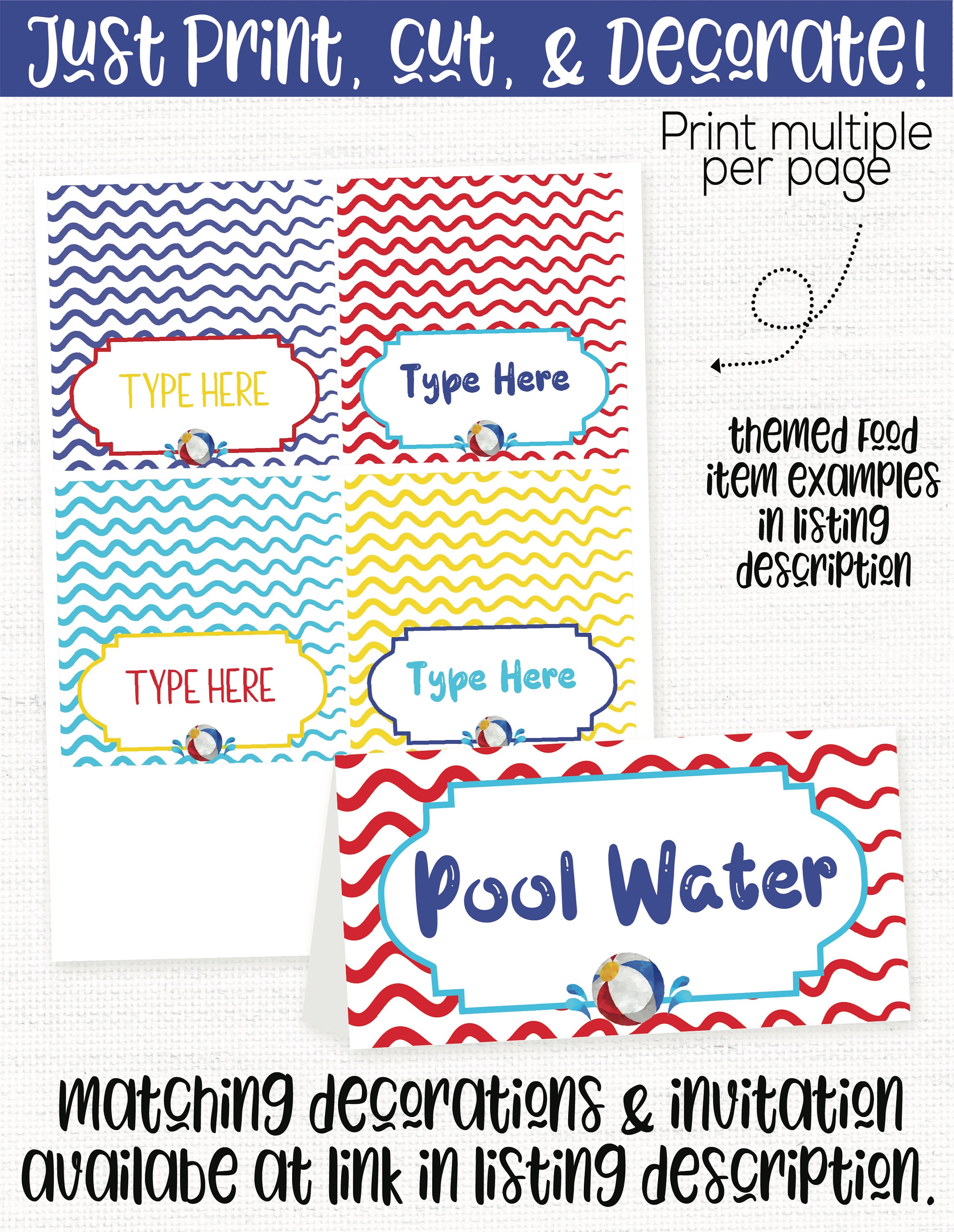 Pool Party Food Labels, Beach Ball Food Labels, Pool Party Place Cards ...
